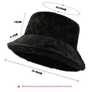 Women Plush Fluffy Bucket Hat Warm Lining Winter Faux Fur Cozy Wide Brim Winter (Black)