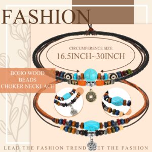 3 Pcs Western Layered Boho Wood Beads Choker Necklace Adjustable Vintage Leather Necklace Bead Choker Boho Jewelry for Women