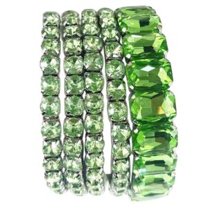 rosemarie & jubalee women's stunning statement set of 5 colorful crystal rhinestone stretch bracelets, 6.75" (green crystal silver tone)