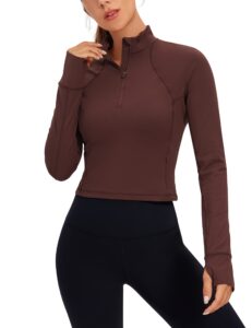 crz yoga women's butterluxe long sleeve workout shirts half zip pullover sweatshirt athletic crop top collared fall shirt taupe medium