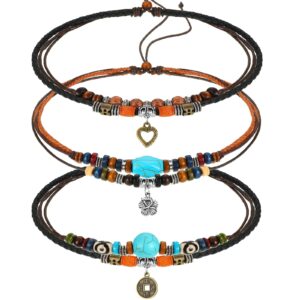 3 pcs western layered boho wood beads choker necklace adjustable vintage leather necklace bead choker boho jewelry for women