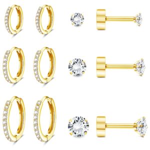 fasacco 14k 8/10/12mm flat back cartilage earring set for multiple piercing tiny cartilage hoop earrings gold dainty flatback cartilage stud