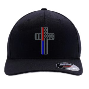 Firefighter Thin Red line Hereos Cross/Thin Blue line Heroes Cross American Flag Custom Embroidered Flexfit Hat (Black, L/XL)