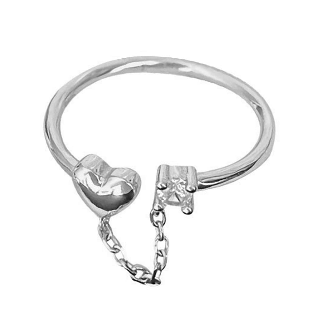 CZ Heart Eternity 925 Sterling Silver Ring for Women Girls Love Statement Engagement Promise Adjustable Open Band Diamond Chain Drop Dangle Rings Comfort Fit Wedding Valentine Jewelry Gifts