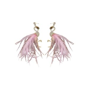 pink feather flamingo statement dangle drop earrings 14k gold plated cubic zirconia large bird boho dangling hook earrings hoops stud fashion jewelry gifts for women girls