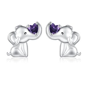 925 sterling silver elephant earrings stud birthstone hypoallergenic cute animal earrings jewelry gift for women (purple)