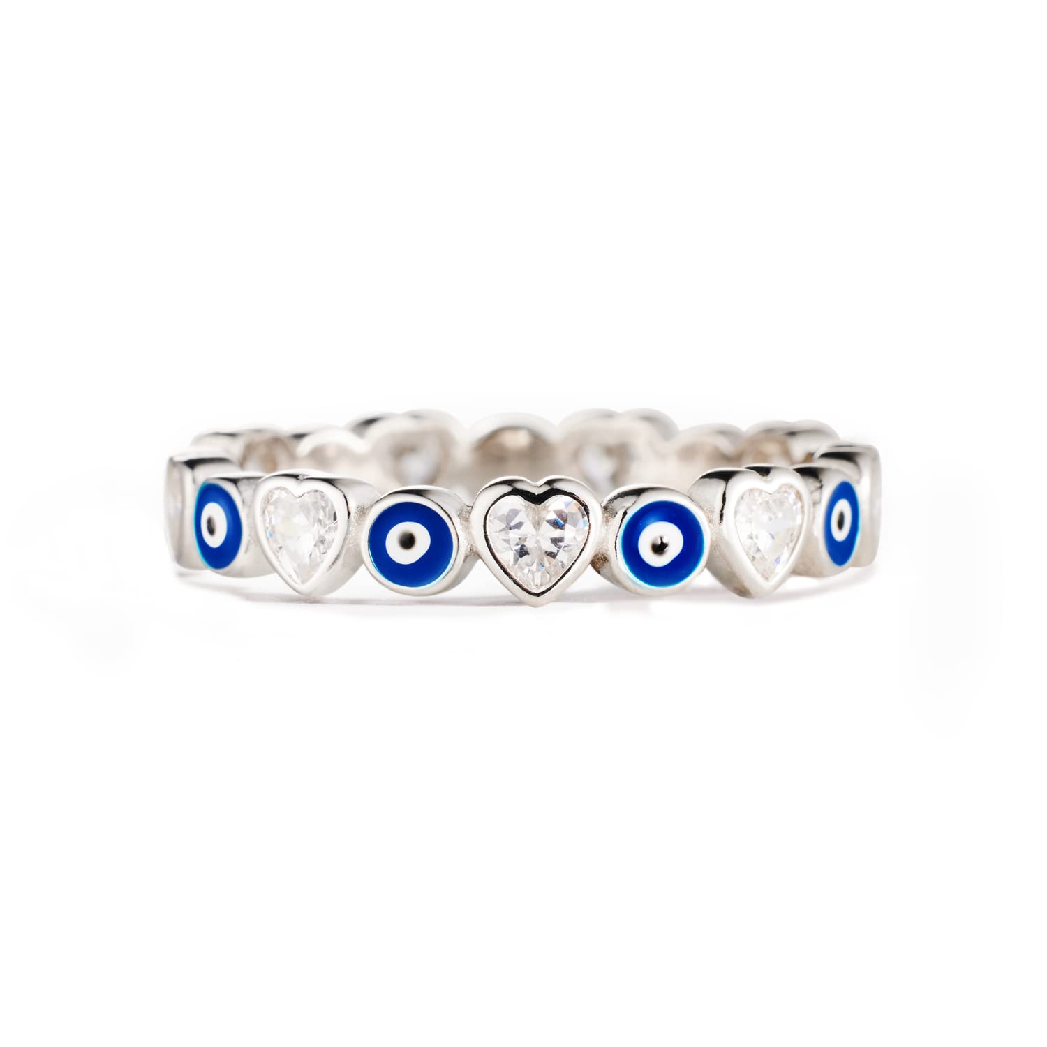 Story Jewellery Silver Plated Cubic Zirconia Evil Eye Promise Rings for Women, Heart & Evil Eye Ring Band Lucky Protection Jewelry Gifts, Birthday Christmas Valentines Gifts for Women (Plated 07)