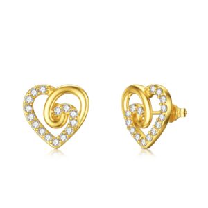 14k gold heart stud earrings for women real yellow gold earrings studs with cubic zirconia birthday/aniversary/christmas gifts for mom daughter ladies her (yellow gold)