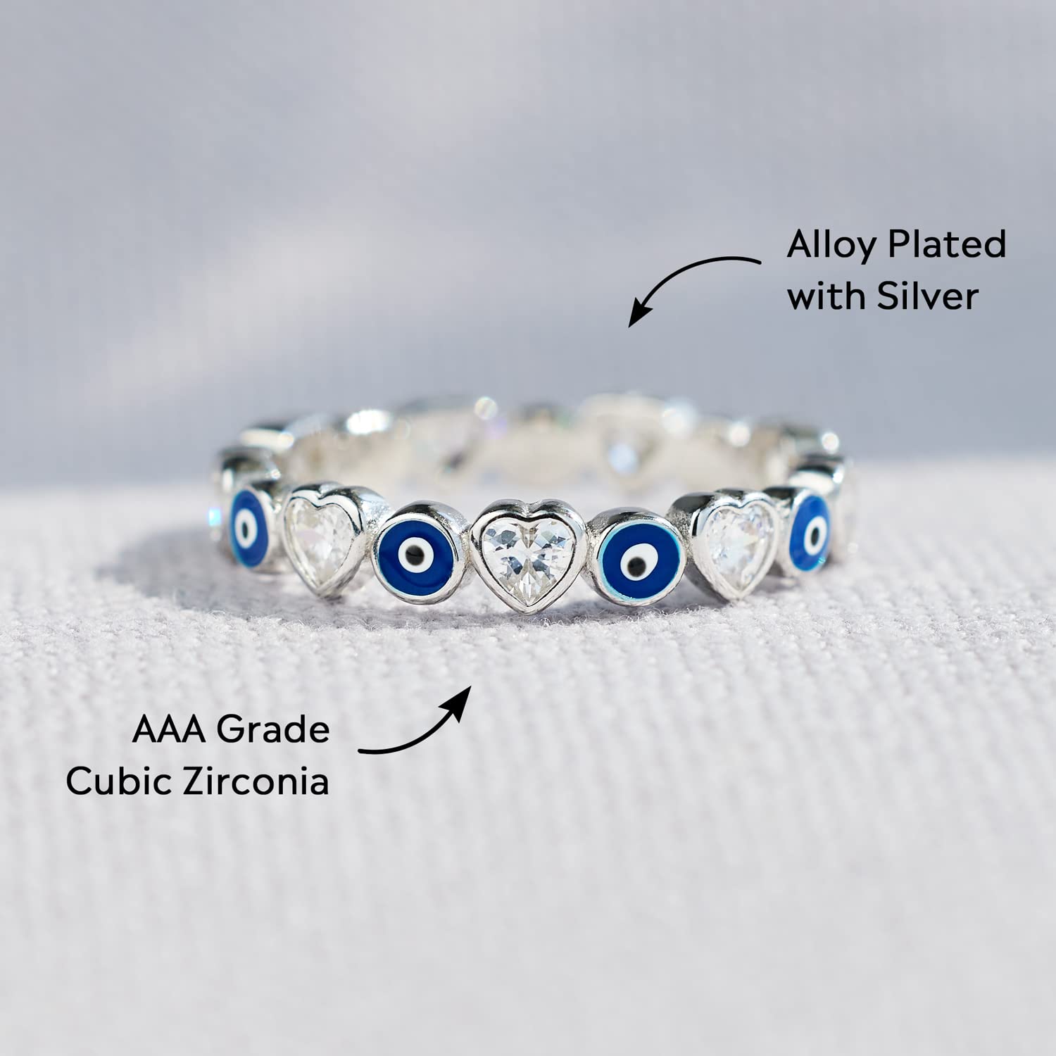 Story Jewellery Silver Plated Cubic Zirconia Evil Eye Promise Rings for Women, Heart & Evil Eye Ring Band Lucky Protection Jewelry Gifts, Birthday Christmas Valentines Gifts for Women (Plated 07)