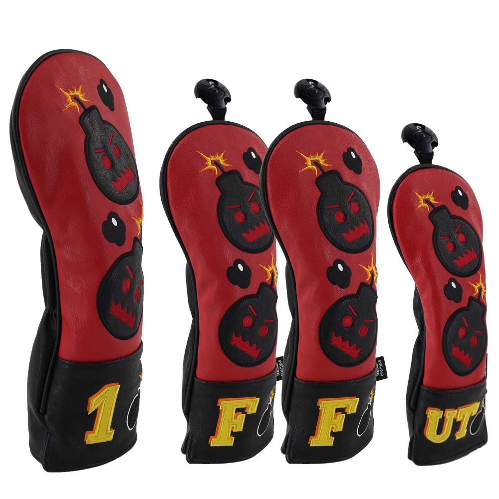 Craftsman Golf Driver Headcover Embroidery Bomb, 4pcs Red and Black PU Leather Golf Head Covers for Driver Fairway Woods Hybrids (4pcs(1,F,F,UT)