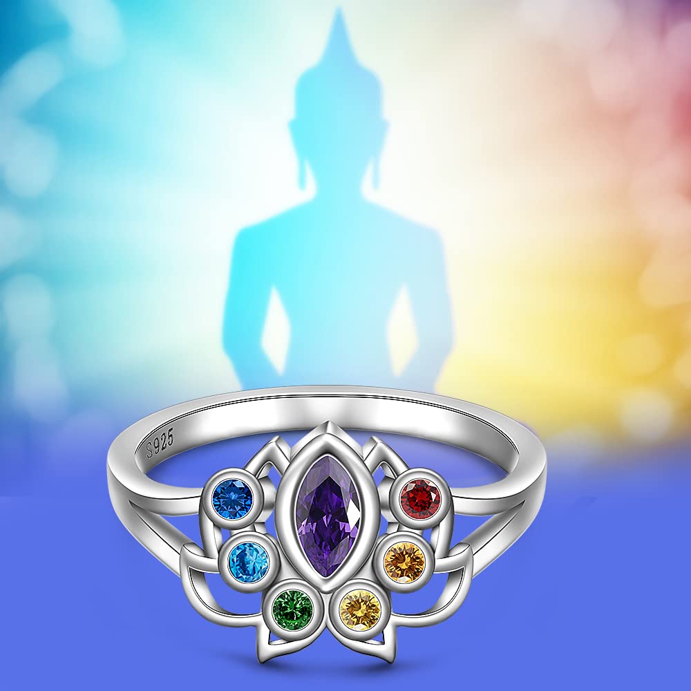 Talonior Lotus 7 Chakra Ring for Women Yoga Lotus Flower Chakra Rings Sterling Silver 925 CZ Healing Crystal Stone Protection Anxiety Relief Jewelry Christmas Gifts Size 7