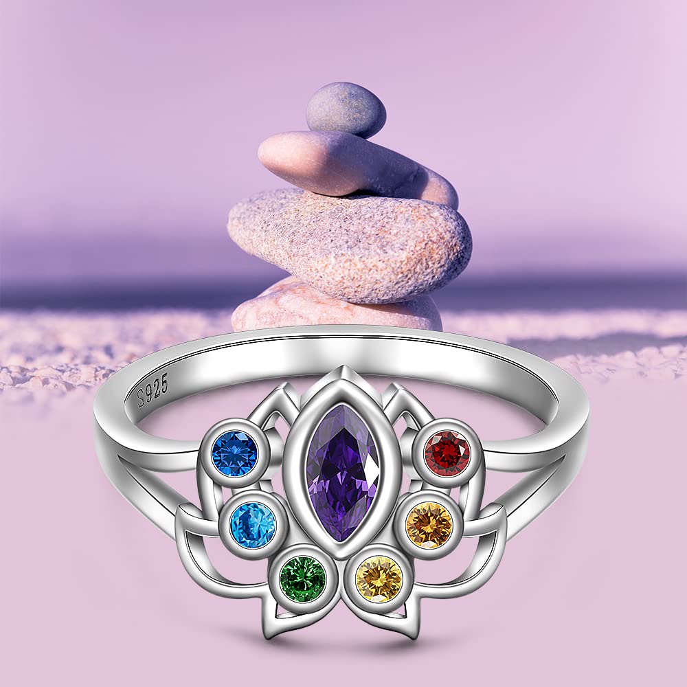 Talonior Lotus 7 Chakra Ring for Women Yoga Lotus Flower Chakra Rings Sterling Silver 925 CZ Healing Crystal Stone Protection Anxiety Relief Jewelry Christmas Gifts Size 7