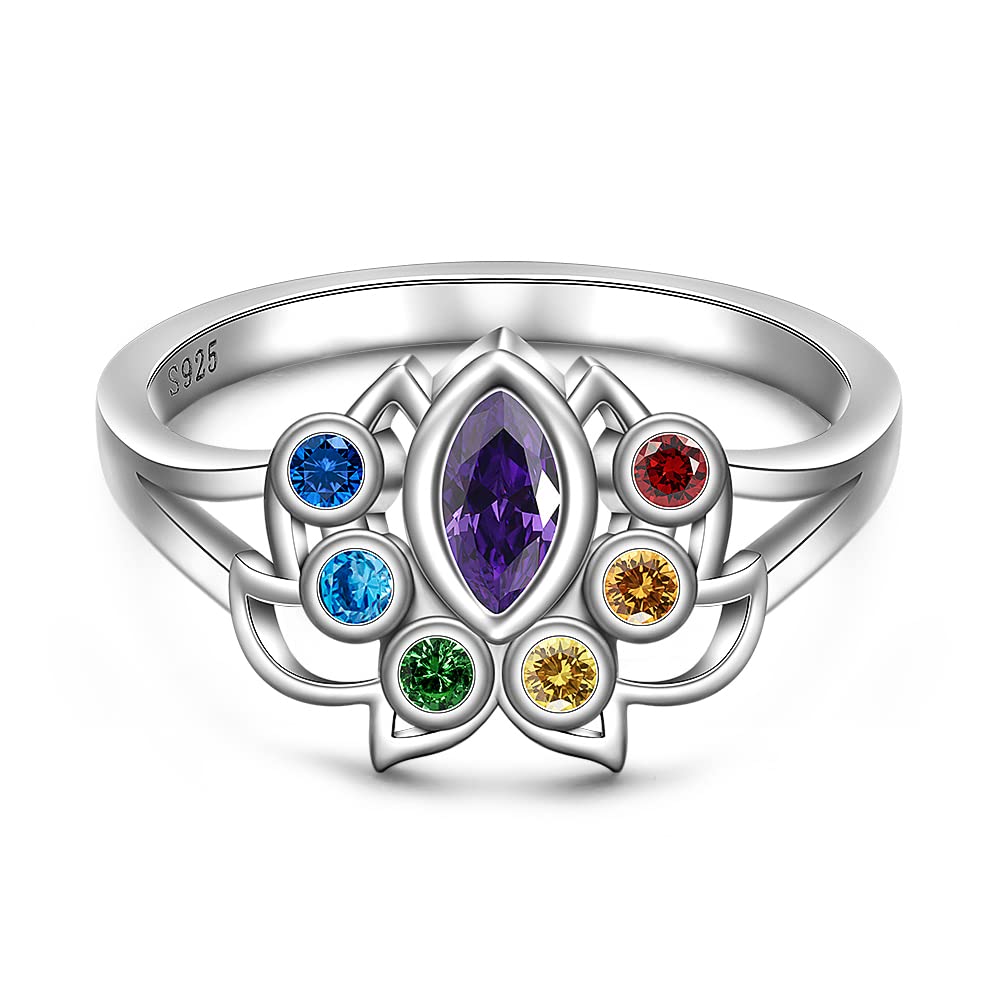 Talonior Lotus 7 Chakra Ring for Women Yoga Lotus Flower Chakra Rings Sterling Silver 925 CZ Healing Crystal Stone Protection Anxiety Relief Jewelry Christmas Gifts Size 7