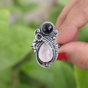 Rekha Gems Rose Quartz Ring-925 Sterling Silver Ring-Vintage Ring-Handmade Ring-Birthday Gift-Pink Gemstone Ring-Boho and Hippie Ring-Birthstone Ring-Rose Quartz Jewelry- ROS43(A) (11 US)