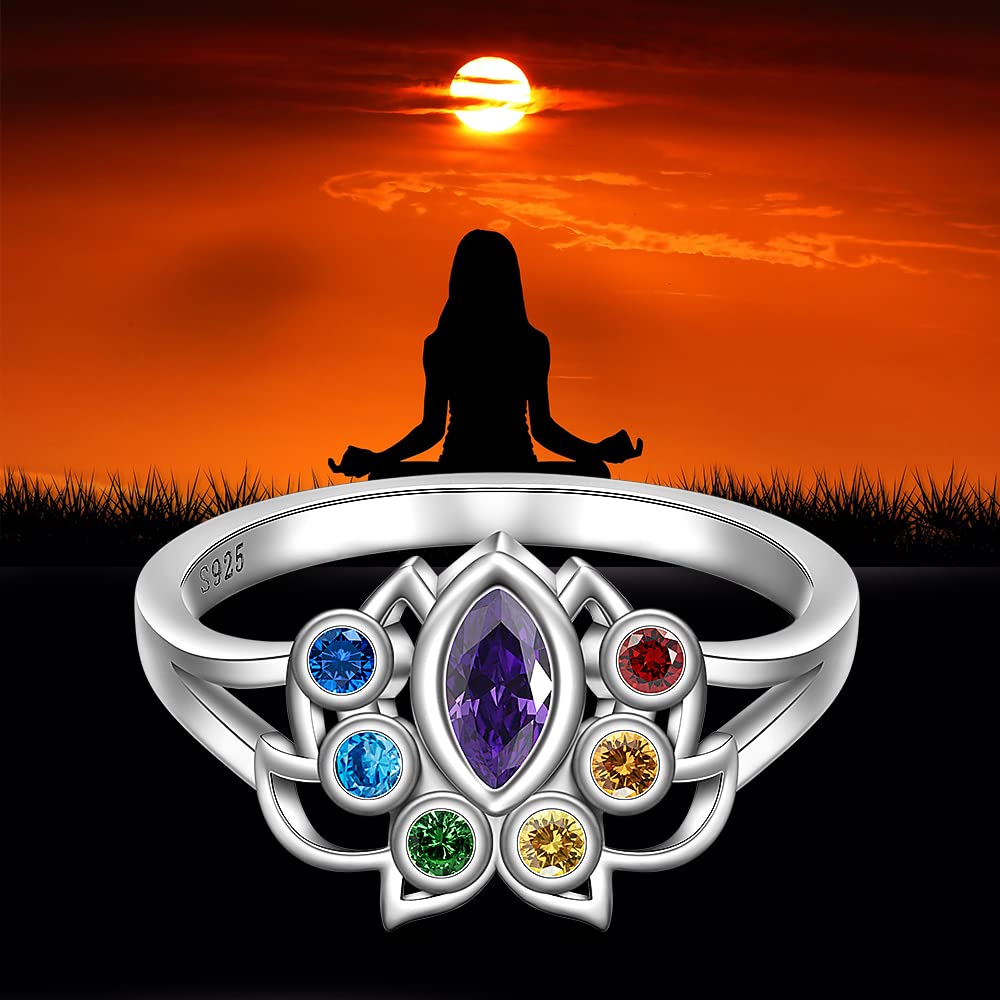 Talonior Lotus 7 Chakra Ring for Women Yoga Lotus Flower Chakra Rings Sterling Silver 925 CZ Healing Crystal Stone Protection Anxiety Relief Jewelry Christmas Gifts Size 7