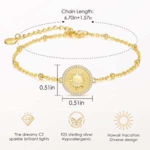 CDE Sun Bracelets for Women 925 Sterling Silver Adjustable 14K Gold Plated Charm Link Bracelet, Birthday Anniversary Christmas Jewelry Gifts for Women Wife Girlfriend Her Daughter