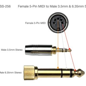 CNCESS CESS-256 5-Pin MIDI to 3.5mm TRS Stereo Adapter Cable with 6.35mm (1/4”) TRS Adapter - 6 Inches, Audio Conversion, Versatile Compatibility, 2 Sets