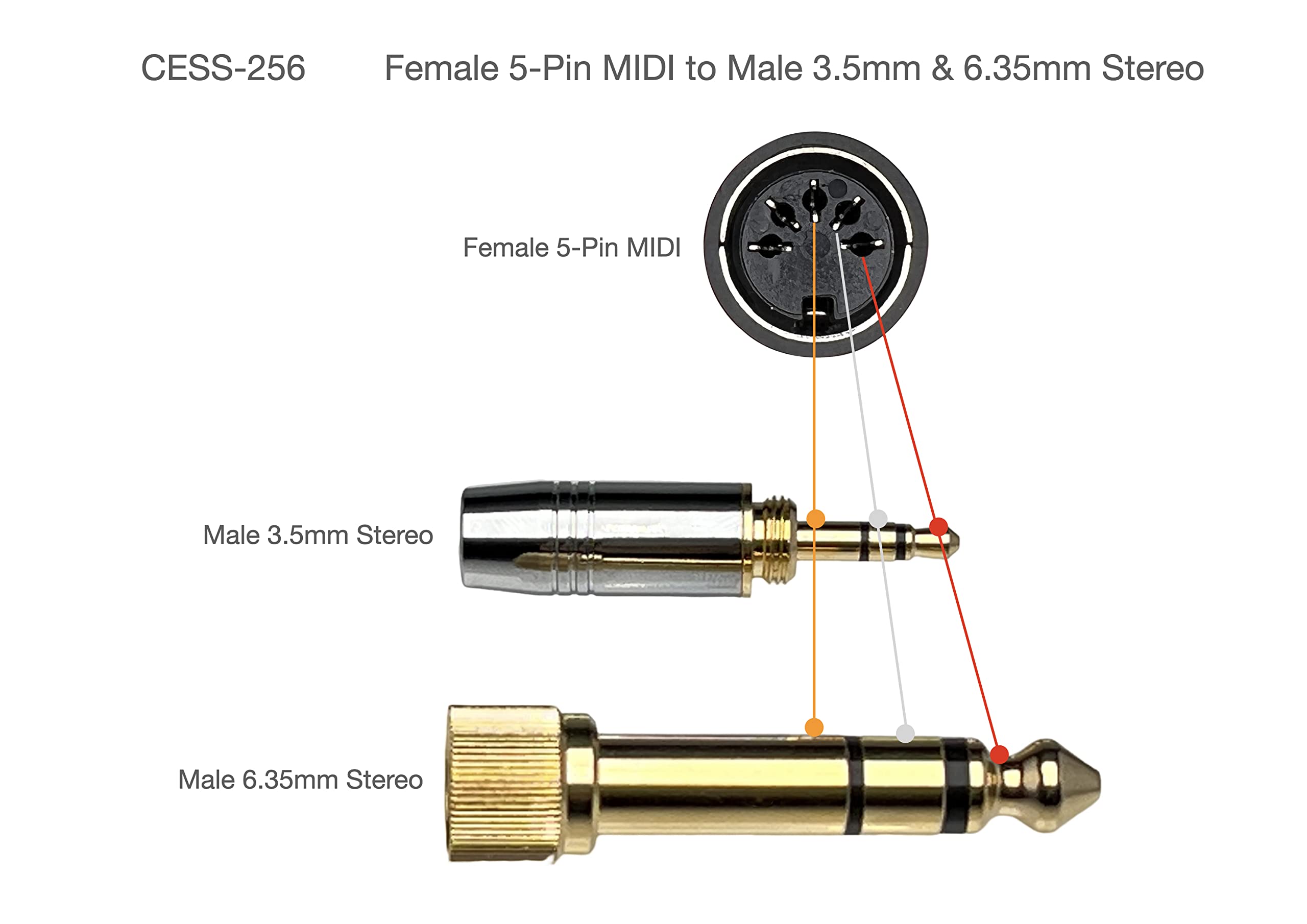 CNCESS CESS-256 5-Pin MIDI to 3.5mm TRS Stereo Adapter Cable with 6.35mm (1/4”) TRS Adapter - 6 Inches, Audio Conversion, Versatile Compatibility, 2 Sets