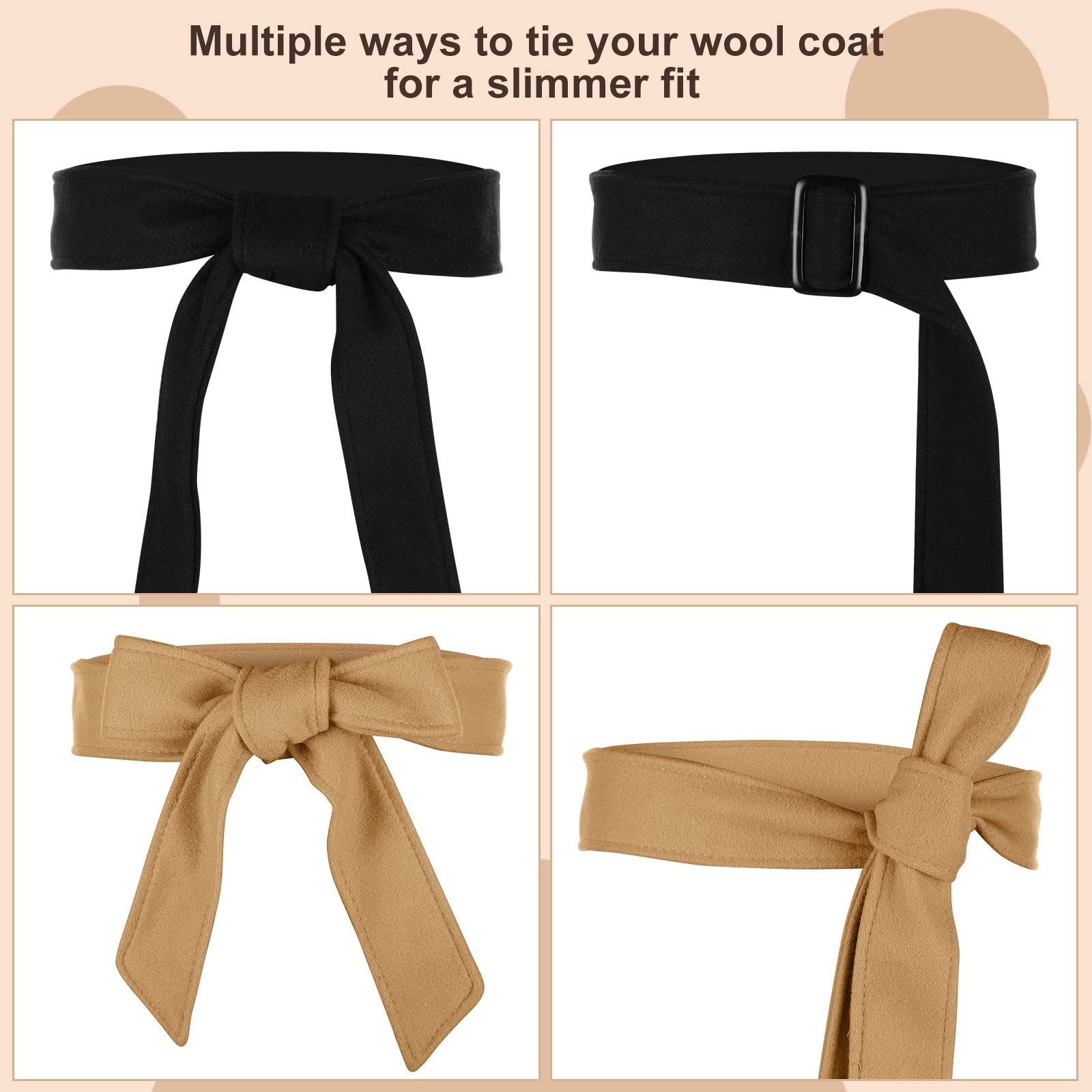 2 Pcs Women's Faux Wool Belt with Buckle Wide Trench Coat Replacement Belt Robe Belt for Decorated Trench Coat Overcoat Jacket, Black Camel