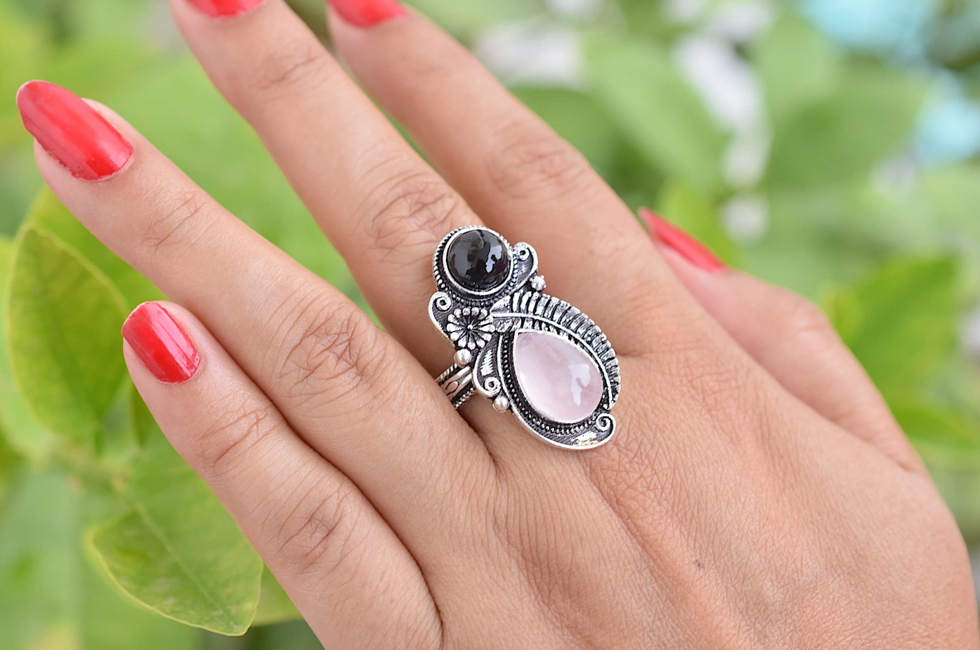 Rekha Gems Rose Quartz Ring-925 Sterling Silver Ring-Vintage Ring-Handmade Ring-Birthday Gift-Pink Gemstone Ring-Boho and Hippie Ring-Birthstone Ring-Rose Quartz Jewelry- ROS43(A) (11 US)