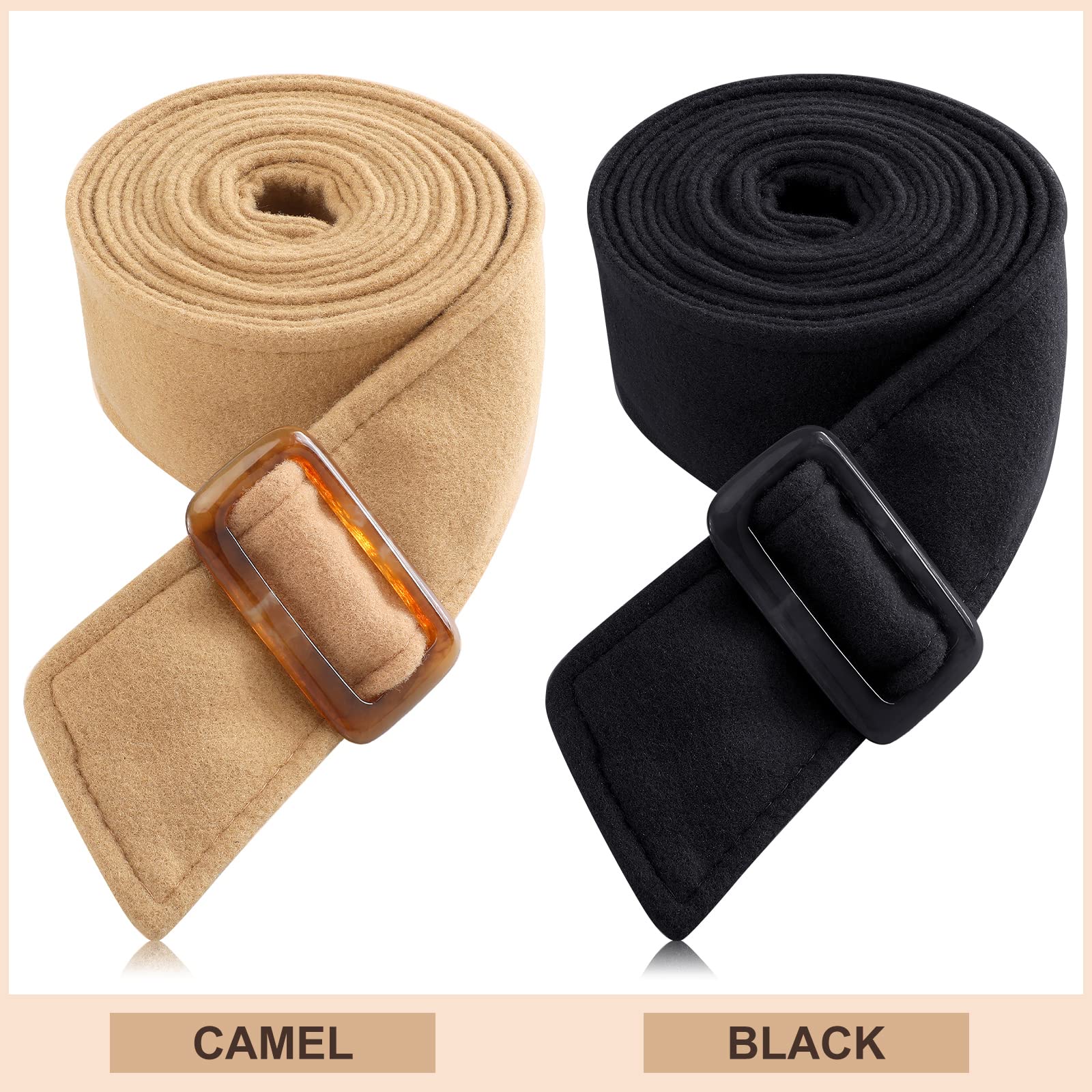 2 Pcs Women's Faux Wool Belt with Buckle Wide Trench Coat Replacement Belt Robe Belt for Decorated Trench Coat Overcoat Jacket, Black Camel