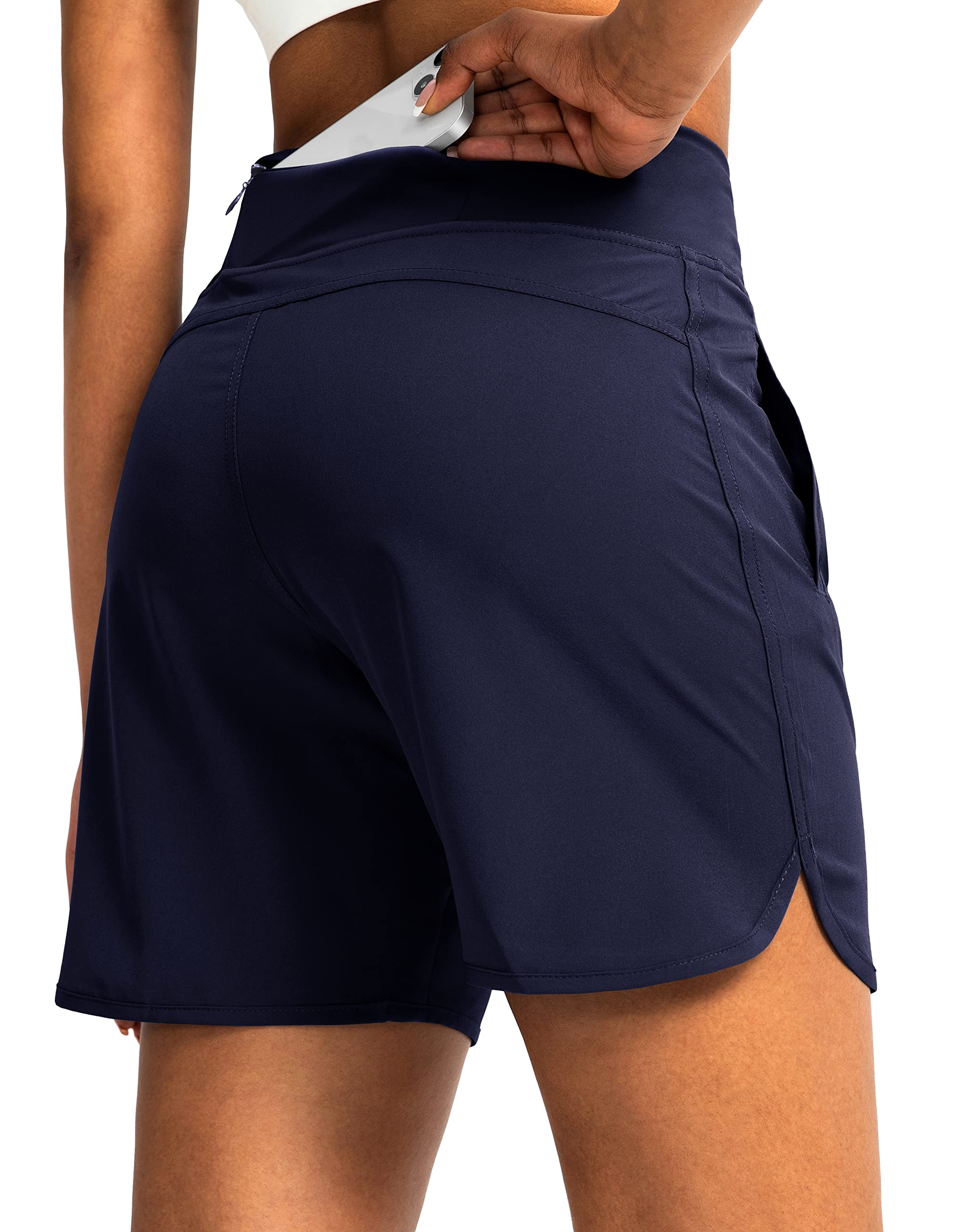 Soothfeel Women's Running Shorts with Zipper Pockets 7 Inch Long High Waisted Athletic Workout Gym Summer Shorts for Women (Navy, XXL