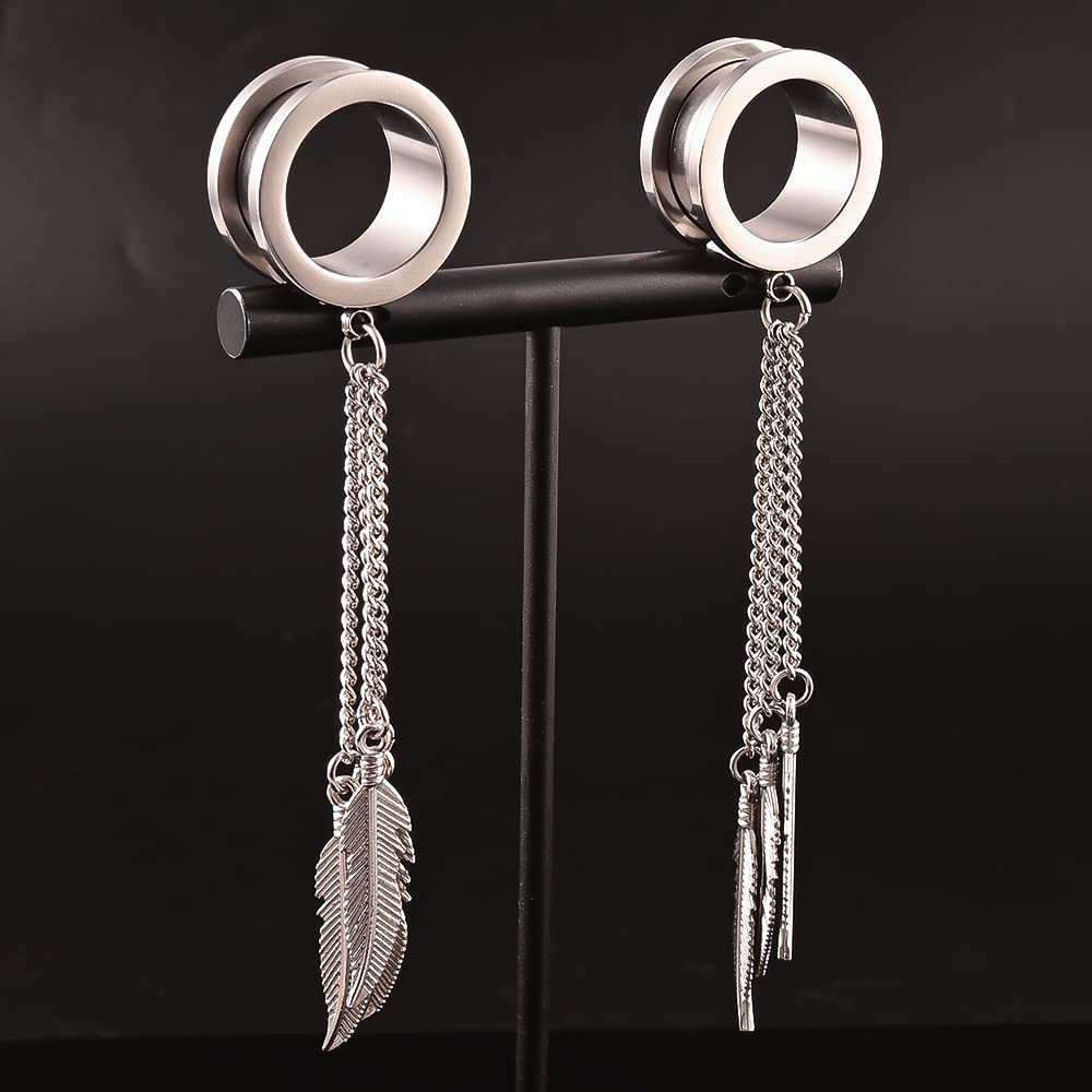 DOEARKO 2PCS Fashion Feathers Design Gauges for Ears Tunnels Dangle Chain Expander Stretchers Earrings 2g to 1 inch (10mm(00G), Silver)