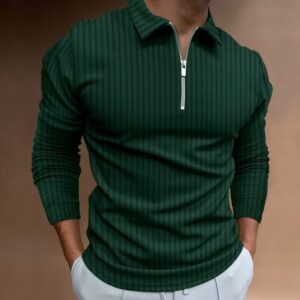 BURWOF Size S Green Mens Long Sleeve Polo Shirts Fashion Zipper Polos Casual Golf T-Shirts Stretch Ribbed Soft Tees for Men