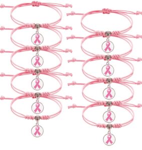 palotay 10pcs breast caner awareness bracelets pink ribbon braided bracelets breast cancer bracelets with ribbon pink adjustable breast cancer bracelets for women breast caner awareness month gifts,