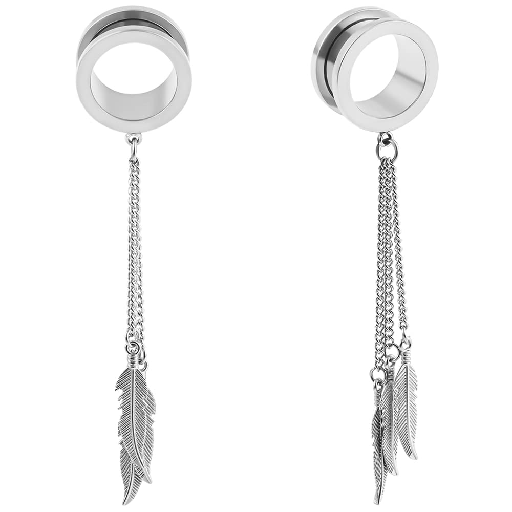 DOEARKO 2PCS Fashion Feathers Design Gauges for Ears Tunnels Dangle Chain Expander Stretchers Earrings 2g to 1 inch (10mm(00G), Silver)