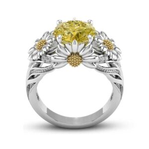 Jewels Store 2.5 Ct Round Cut Citrine Yellow Diamond Sunflower Design Engagement Ring in 925 Sterling Silver White Gold Finish (Silver, 7.5)