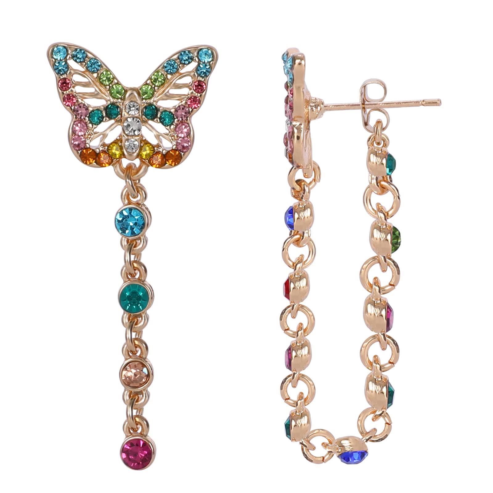 Colorful Butterfly Dangle Chain Earrings for Women Gold Crystal Rhinestone Tassel Climber Crawler Threader Chain Dangle Statement Earrings Drop Cartilage Double Holes Spring Summer Jewelry Gifts