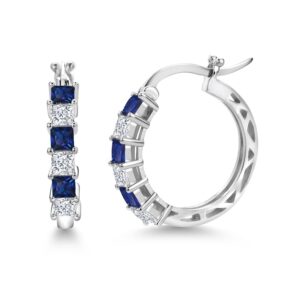 gem stone king 925 sterling silver blue created sapphire and white moissanite hoop earrings for women | 1.56 cttw | 3mm princess cut | 20mm