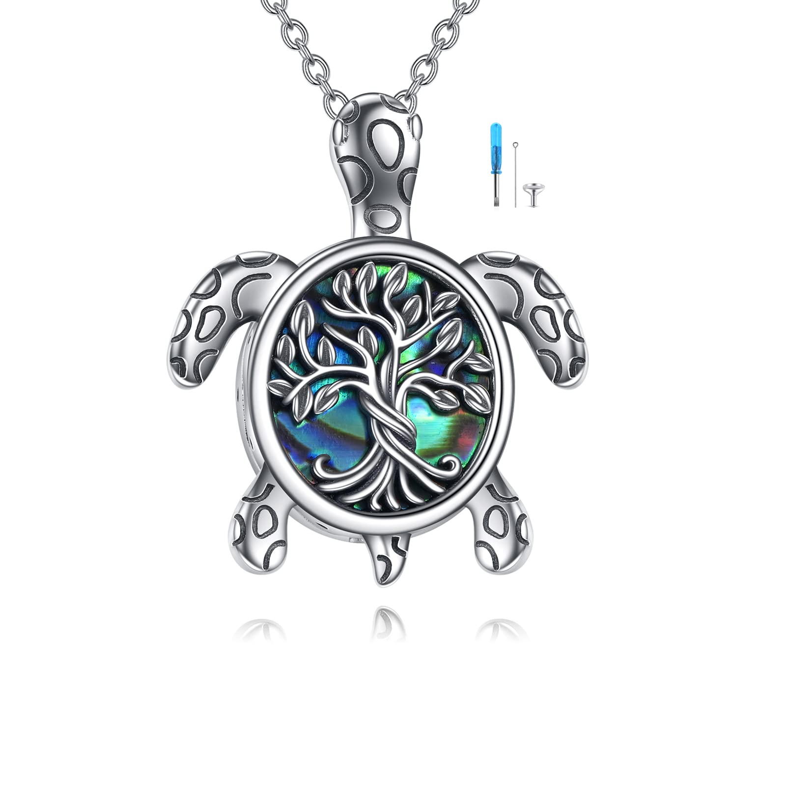 YFN Sea Turtle Urn Necklace for Ashes with Abalone Sterling Silver Tree of Life Turtle Cremation Necklace Jewelry Gifts for Women Girls