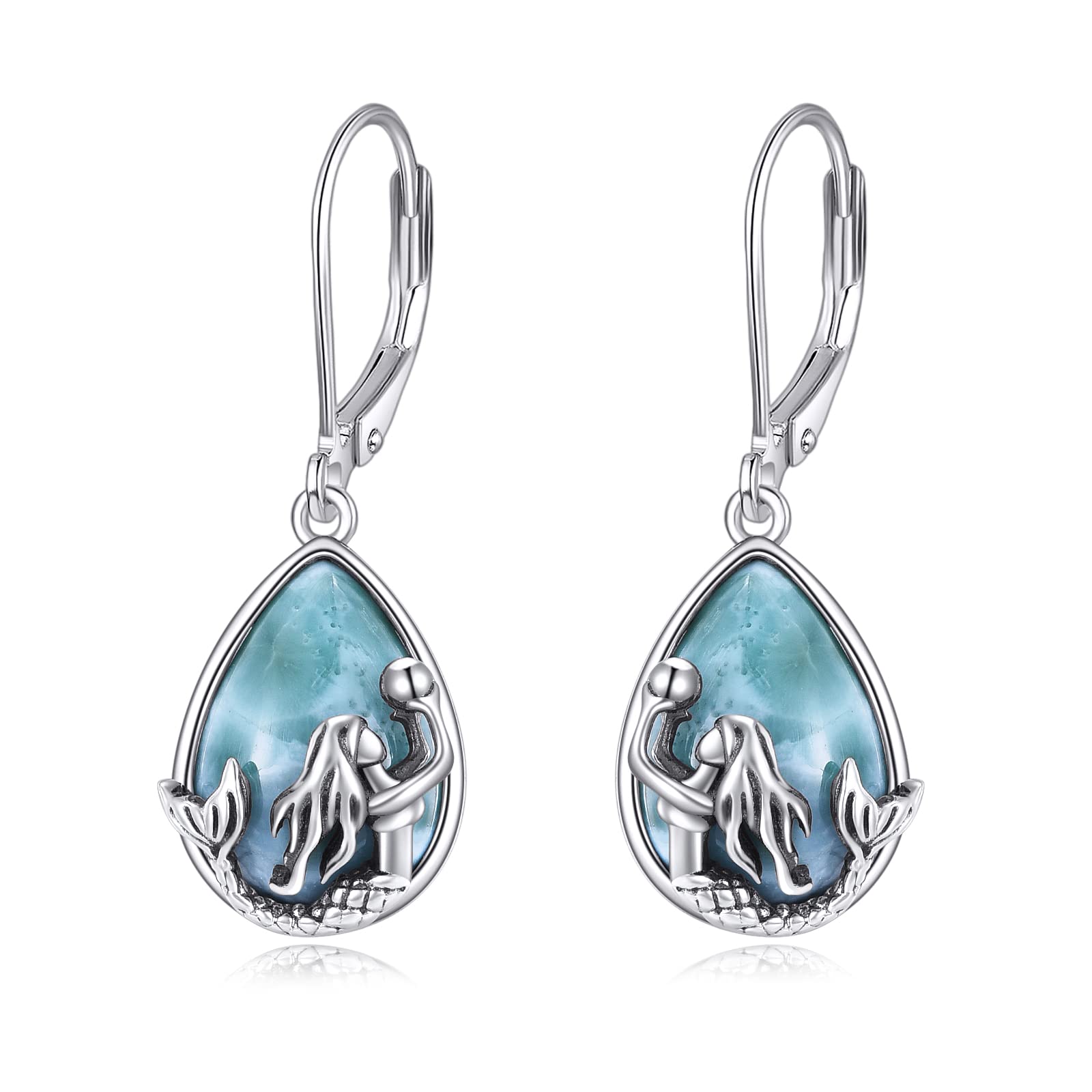 POPLYKE Larimar Mermaid Ocean Earrings for Women Sterling Silver Dangle Drop Earrings Jewelry Mermaid Lover Birthday Gifts