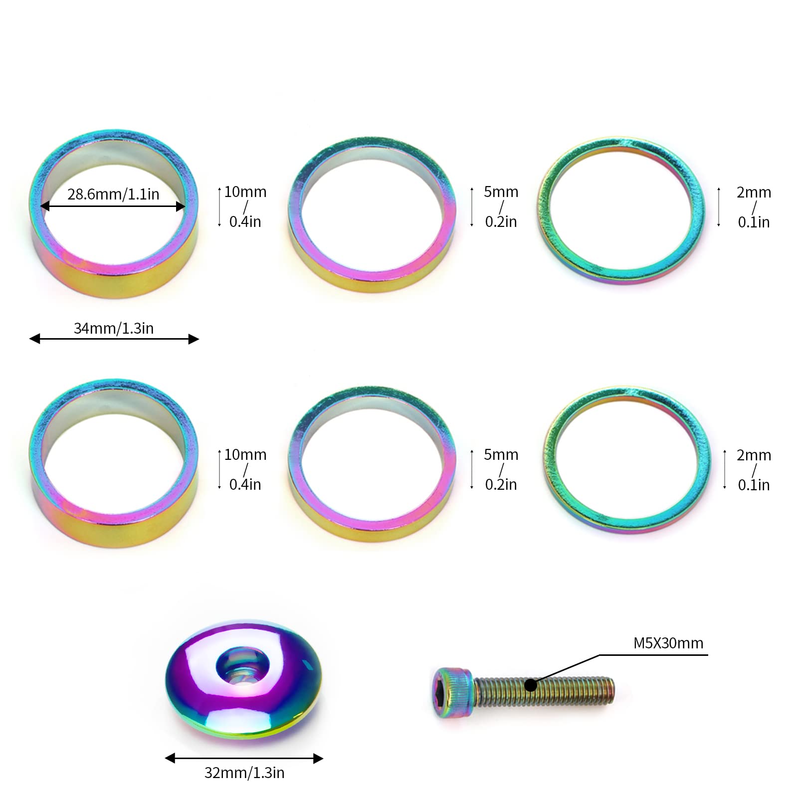 MEISCHE 1 1/8 Inch Headset Spacer with Stem Top Cap Bolt Kit Rainbow 28.6mm Fork Tube Washer Cover