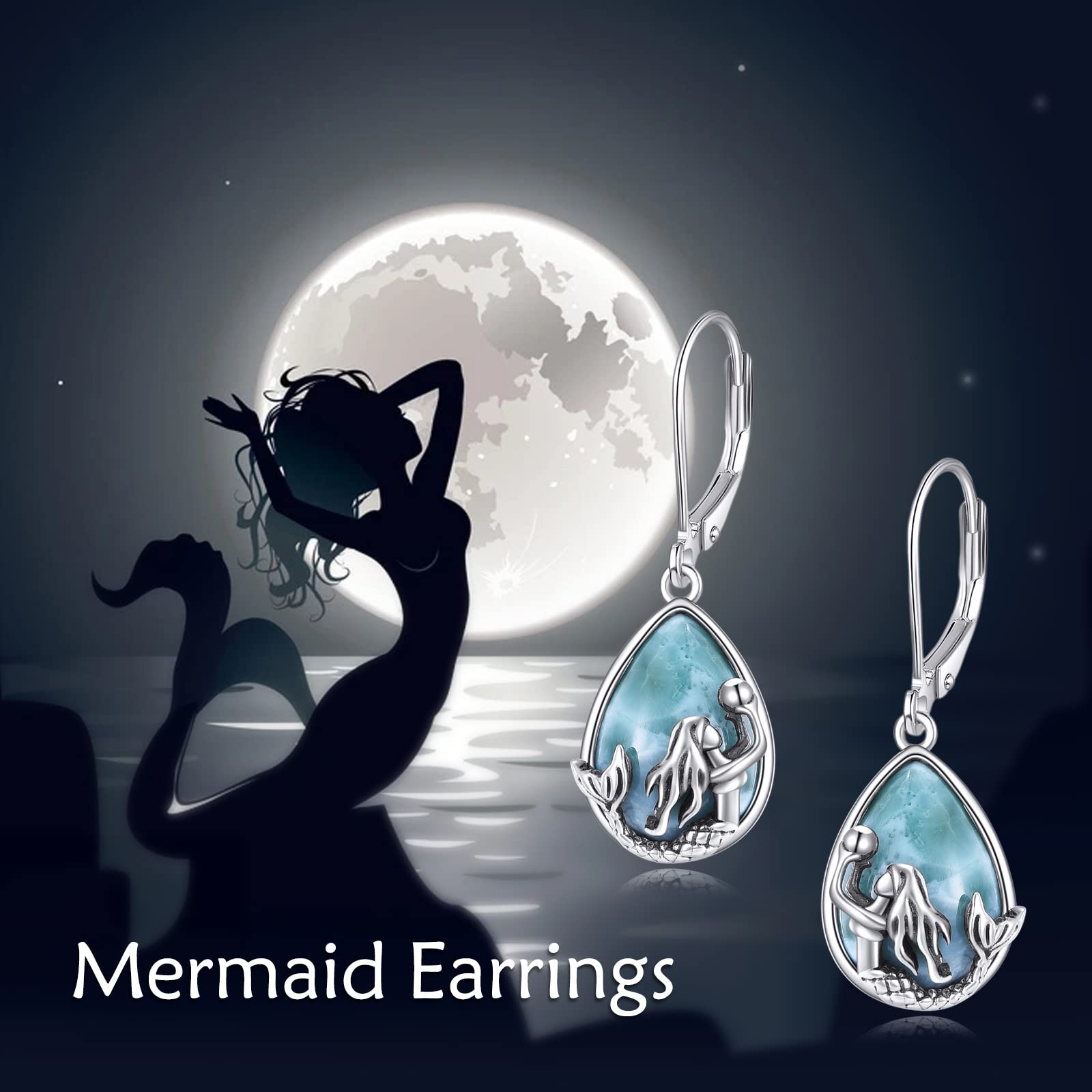 POPLYKE Larimar Mermaid Ocean Earrings for Women Sterling Silver Dangle Drop Earrings Jewelry Mermaid Lover Birthday Gifts