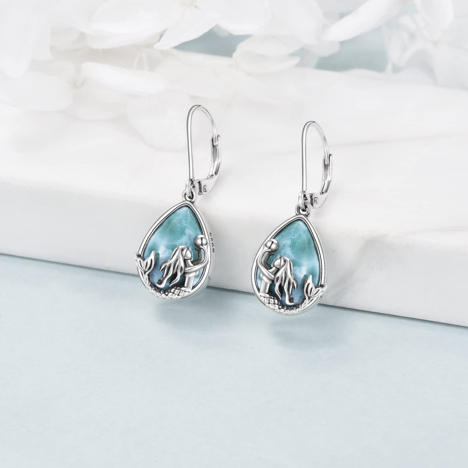 POPLYKE Larimar Mermaid Ocean Earrings for Women Sterling Silver Dangle Drop Earrings Jewelry Mermaid Lover Birthday Gifts