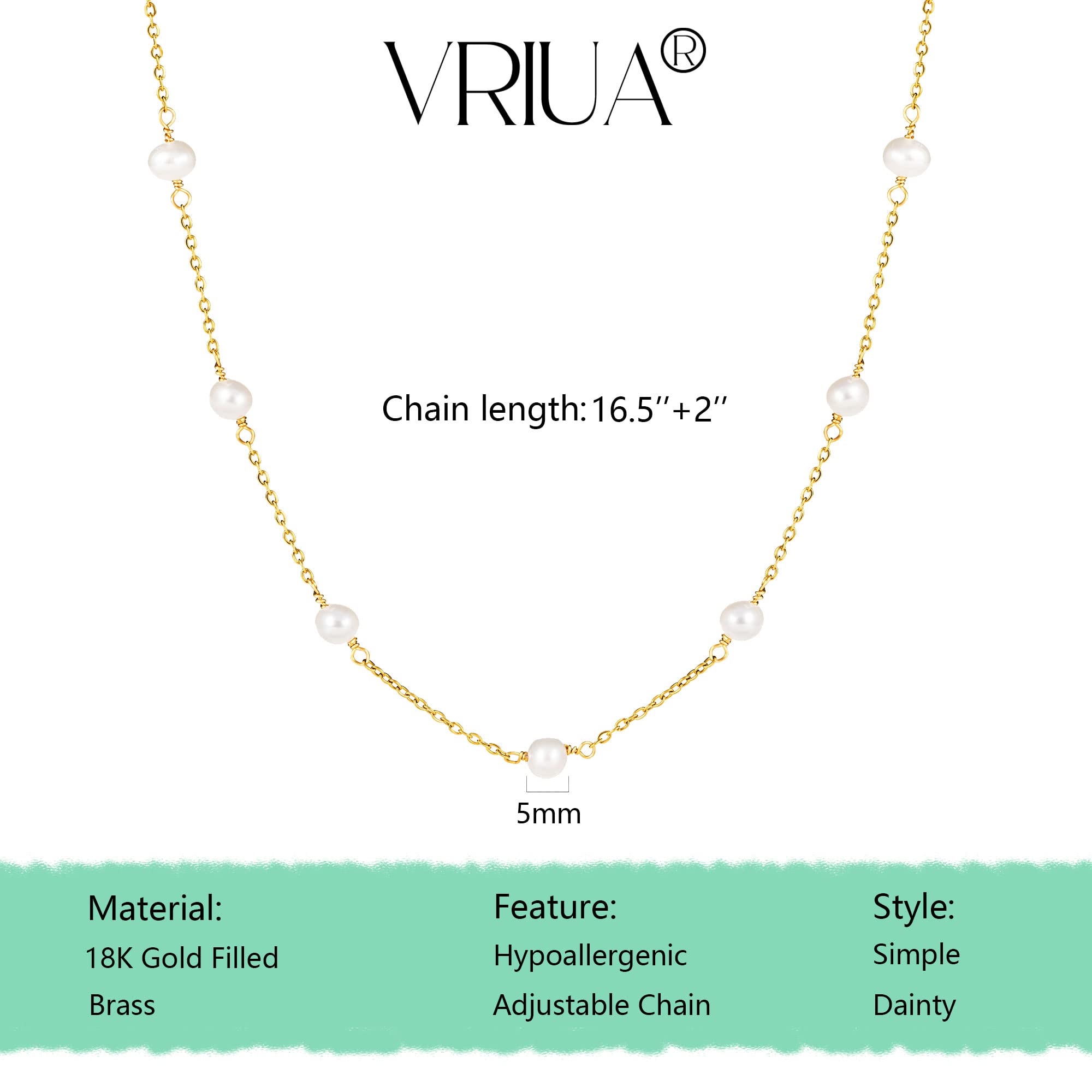 VRIUA Pearl Necklaces for Women, Gold Pearl Necklace 14k Gold Plated Pearl Necklace Dainty Pearl Necklace Everyday Minimalist Gold Necklace for Women