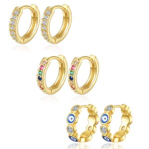 opfiv 3 pairs 14k gold plated huggie hoop earrings for women hypoallergenic dainty evil eye multi-colors cubic zirconia hoop earrings set lightweight small tiny hoops jewelry