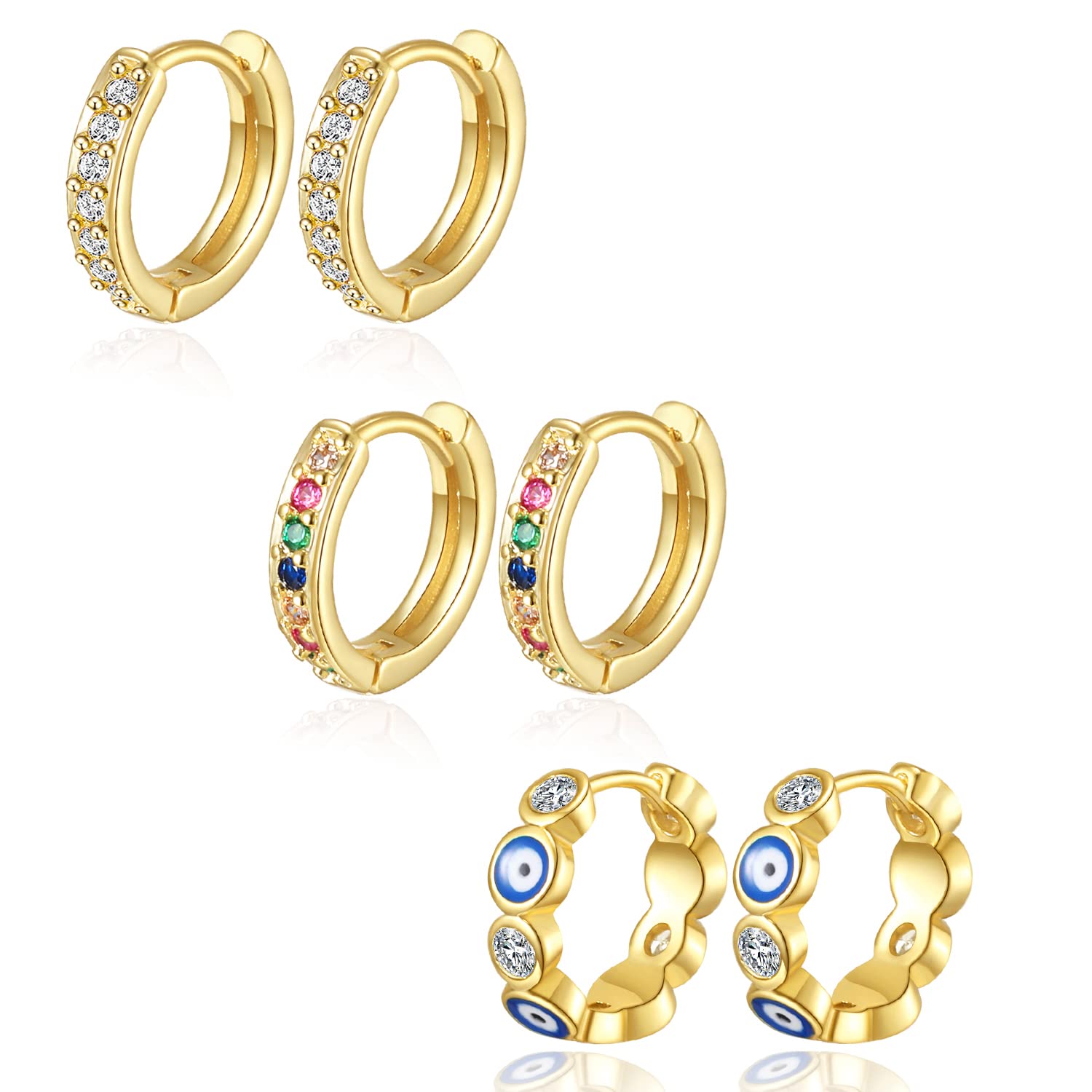 OPFIV 3 Pairs 14K Gold Plated Huggie Hoop Earrings for Women Hypoallergenic Dainty Evil Eye Multi-colors Cubic Zirconia Hoop Earrings Set Lightweight Small Tiny Hoops Jewelry