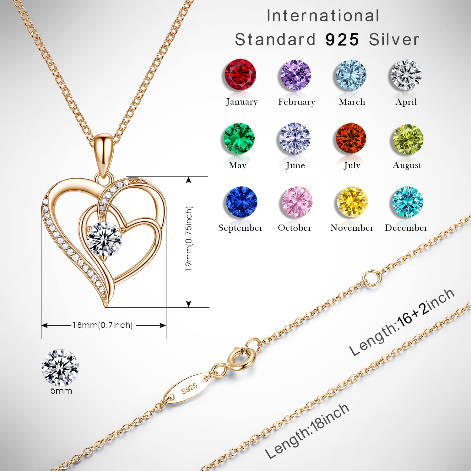 Heart Necklace for Women, 18K Gold Over 925 Sterling Silver Necklace for Women with a Gemstone Birthstone, Sterling Silver, Cubic Zirconia