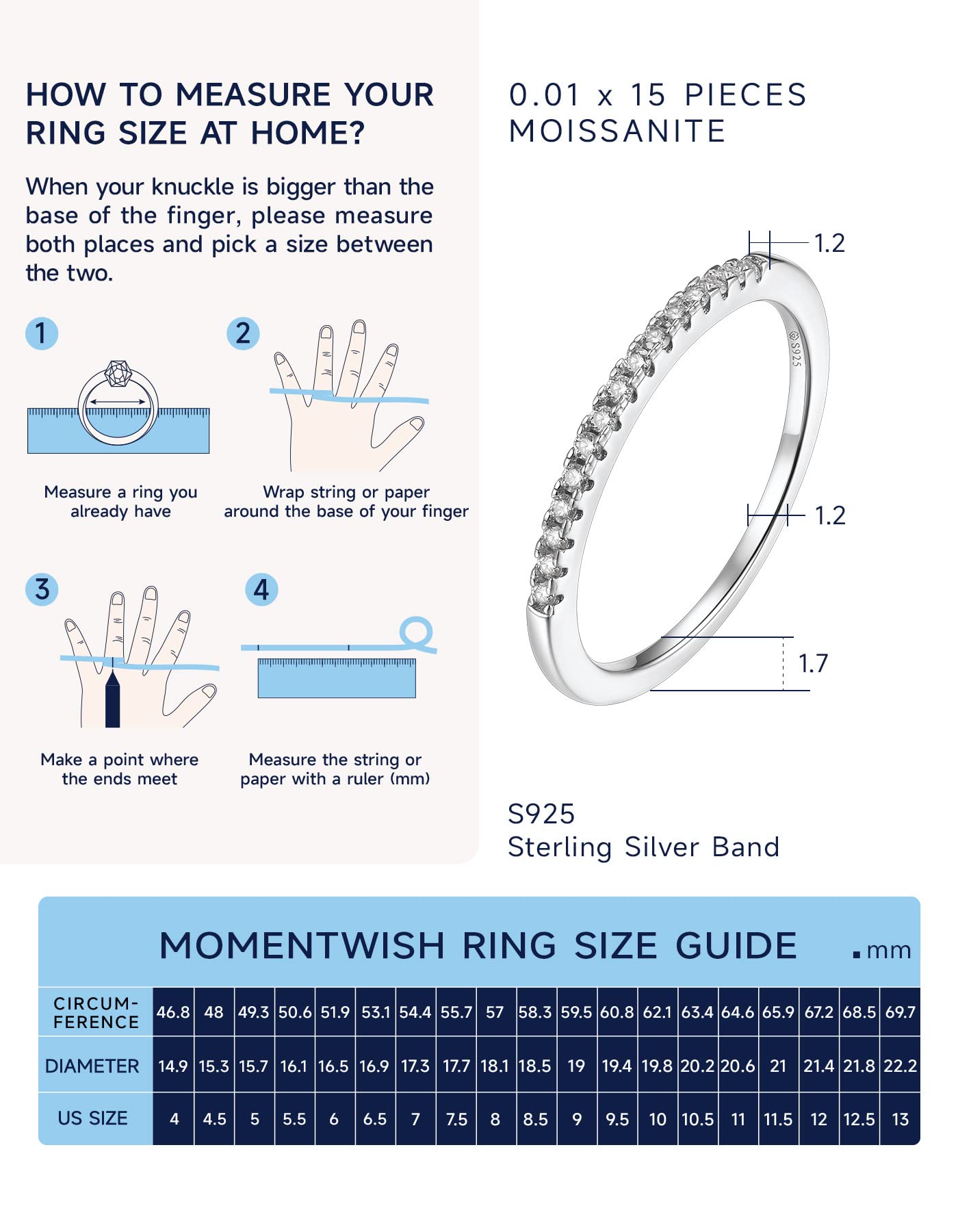 MomentWish Wedding Bands for Women, Moissanite Engagement Ring, Simulated Diamond Wedding Ring S925 Sterling Silver Eternity Rings-Size7