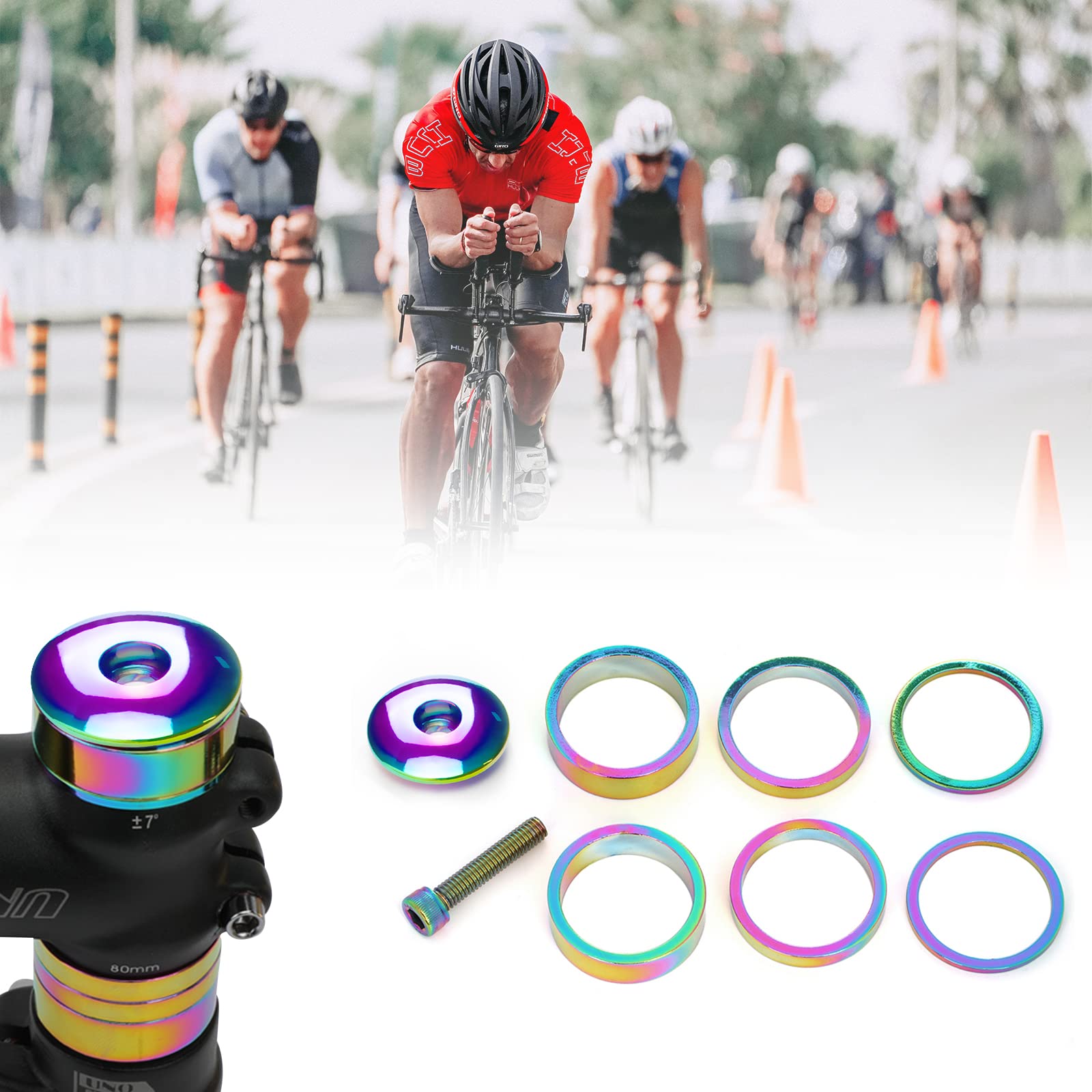 MEISCHE 1 1/8 Inch Headset Spacer with Stem Top Cap Bolt Kit Rainbow 28.6mm Fork Tube Washer Cover