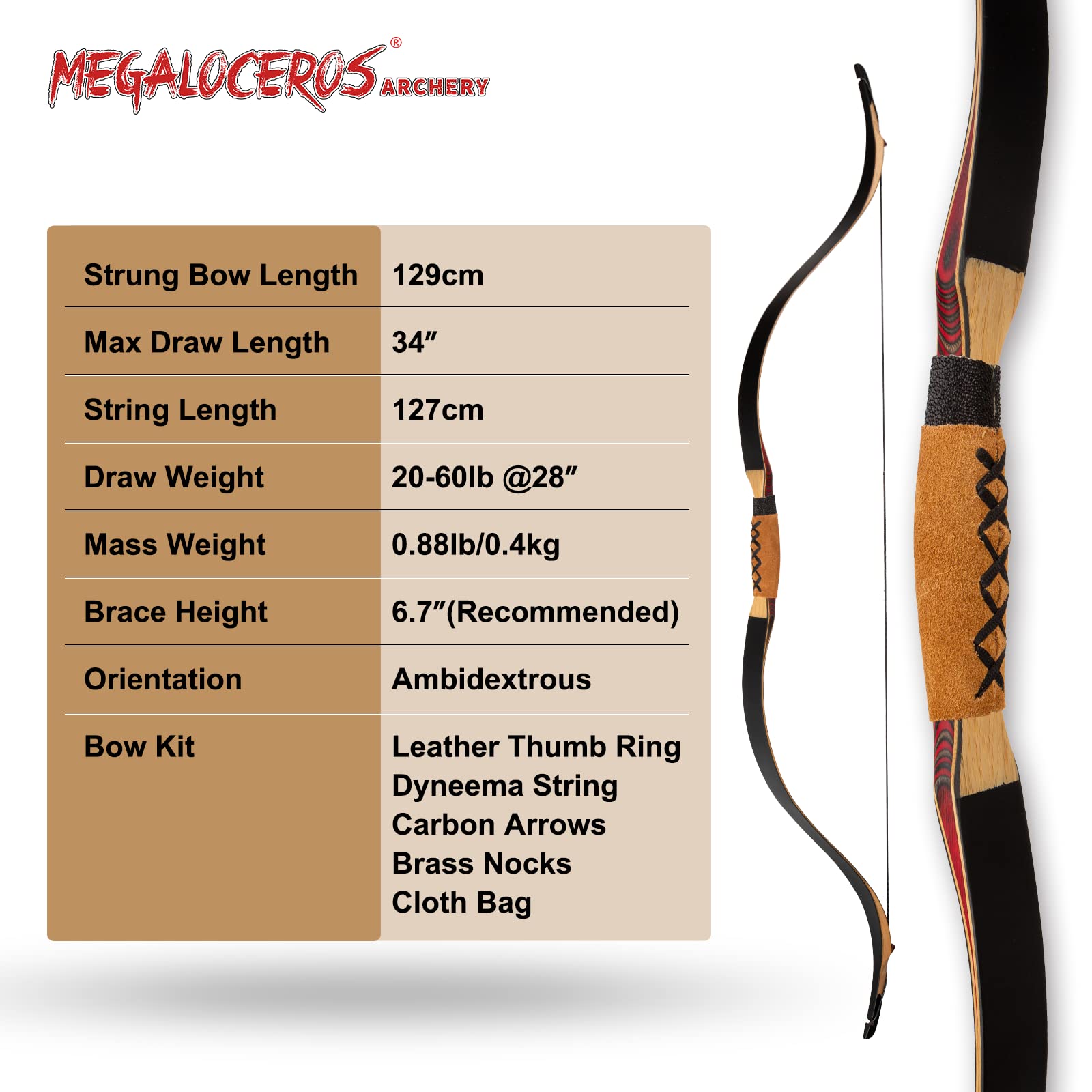 Megaloceros Archery 52" Recurve Bow Handmade Laminated Longbow Traditional Bow and Arrows Ambidextrous Horsebows Set for Hunting Target Shooting 30lbs