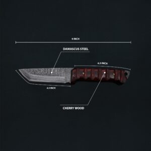 Titan International Knives Diver High & Low Carbon Damascus Steel Hunting Gear Survival Tanto Point EDC Tactical Blade Cherry Wood Handle with Leather Sheath Perfect for Camping Fishing (TD-275)