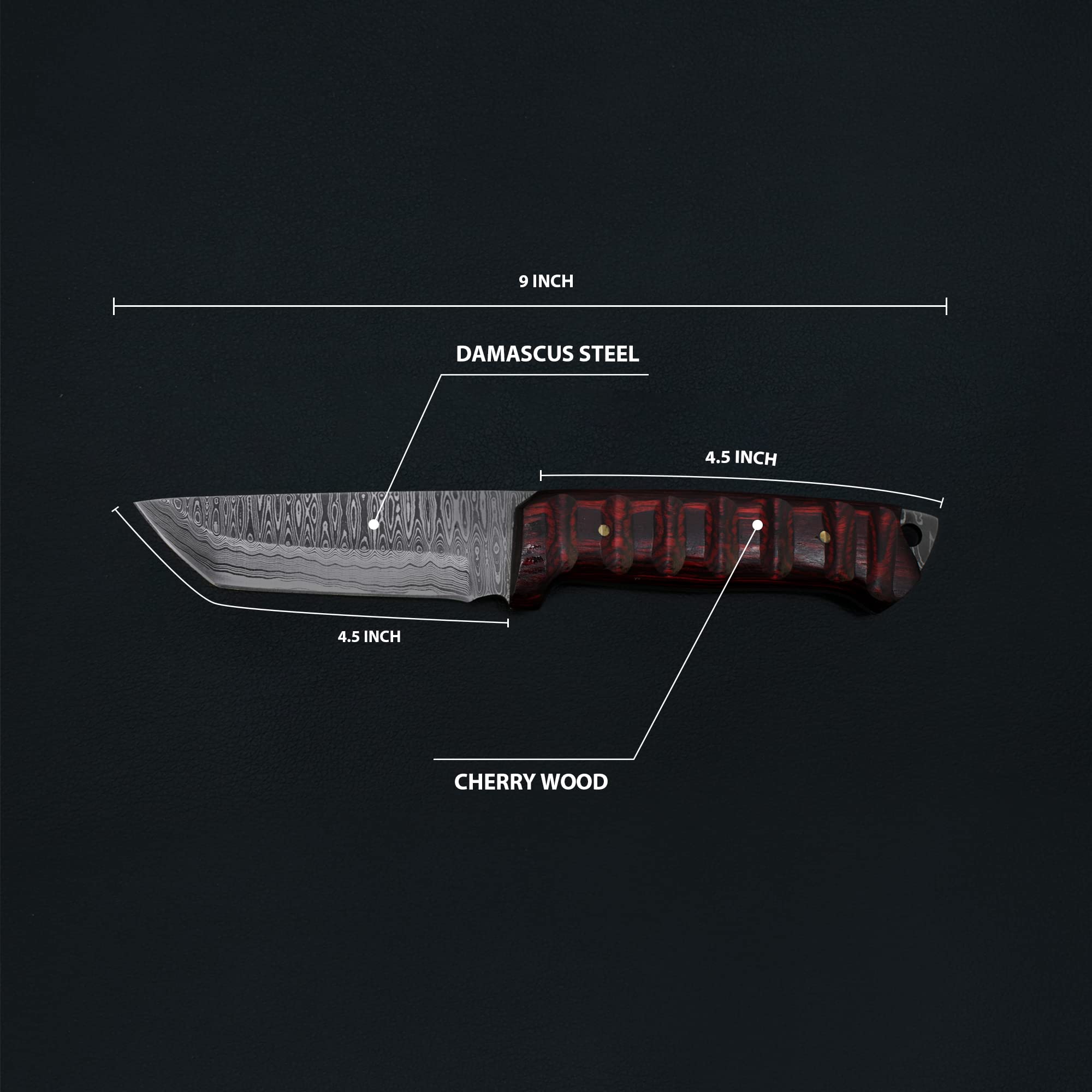 Titan International Knives Diver High & Low Carbon Damascus Steel Hunting Gear Survival Tanto Point EDC Tactical Blade Cherry Wood Handle with Leather Sheath Perfect for Camping Fishing (TD-275)