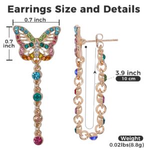 Colorful Butterfly Dangle Chain Earrings for Women Gold Crystal Rhinestone Tassel Climber Crawler Threader Chain Dangle Statement Earrings Drop Cartilage Double Holes Spring Summer Jewelry Gifts