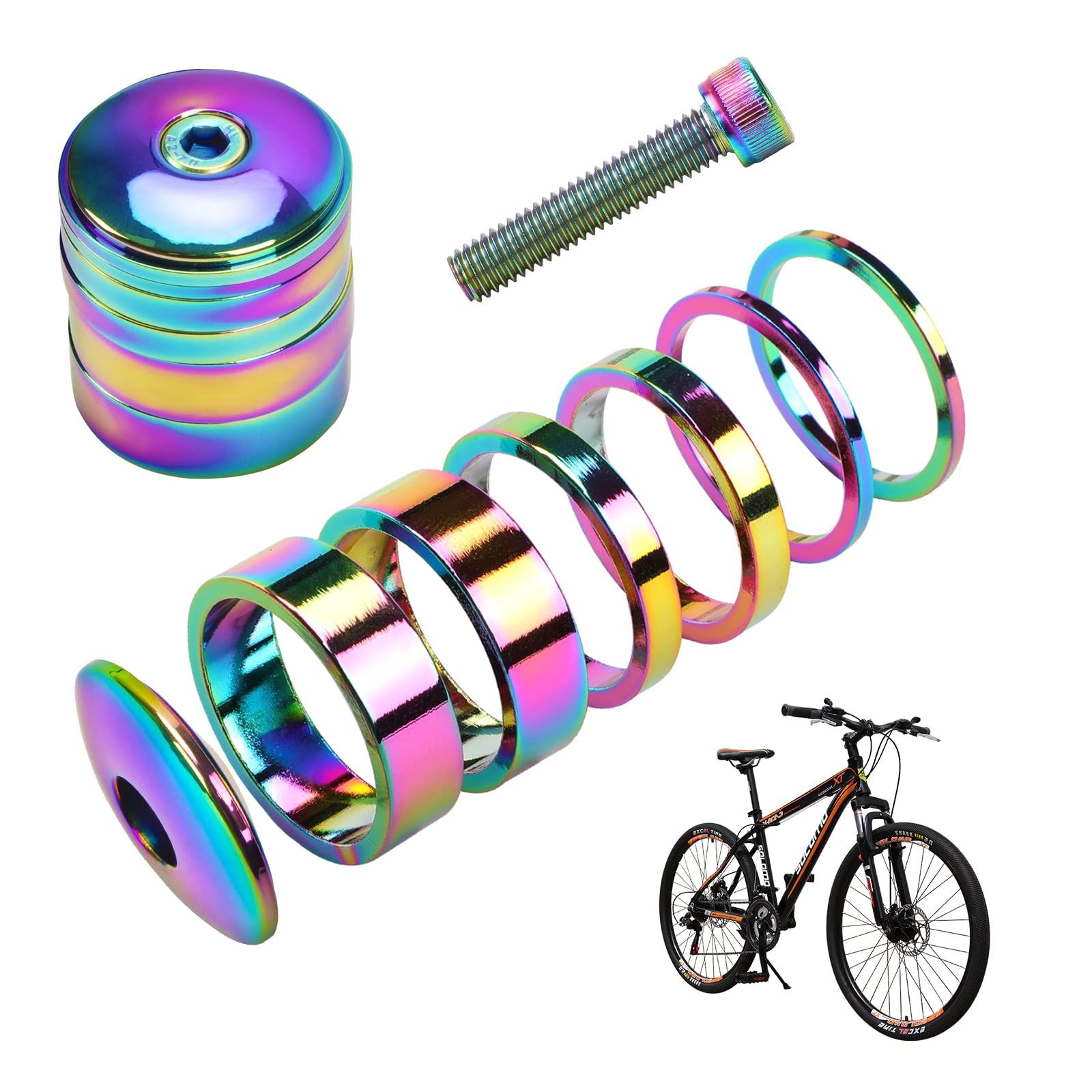 MEISCHE 1 1/8 Inch Headset Spacer with Stem Top Cap Bolt Kit Rainbow 28.6mm Fork Tube Washer Cover