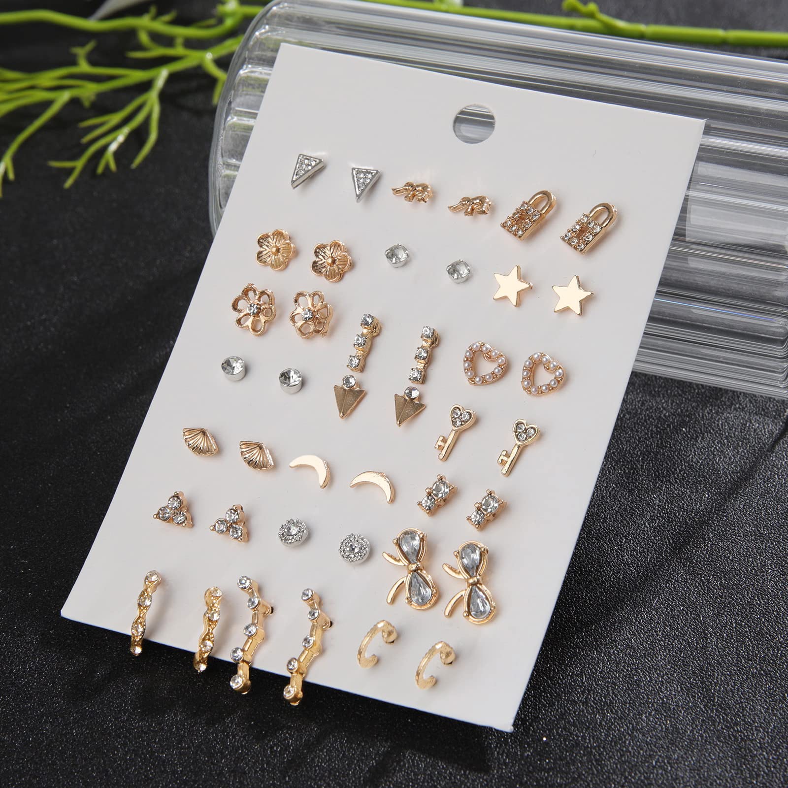 63 Pairs Stud Earrings Set for Women Hypoallergenic Assorted Earrings Moon Lock Stars Faux Pearl Jewelry for Any Occasion